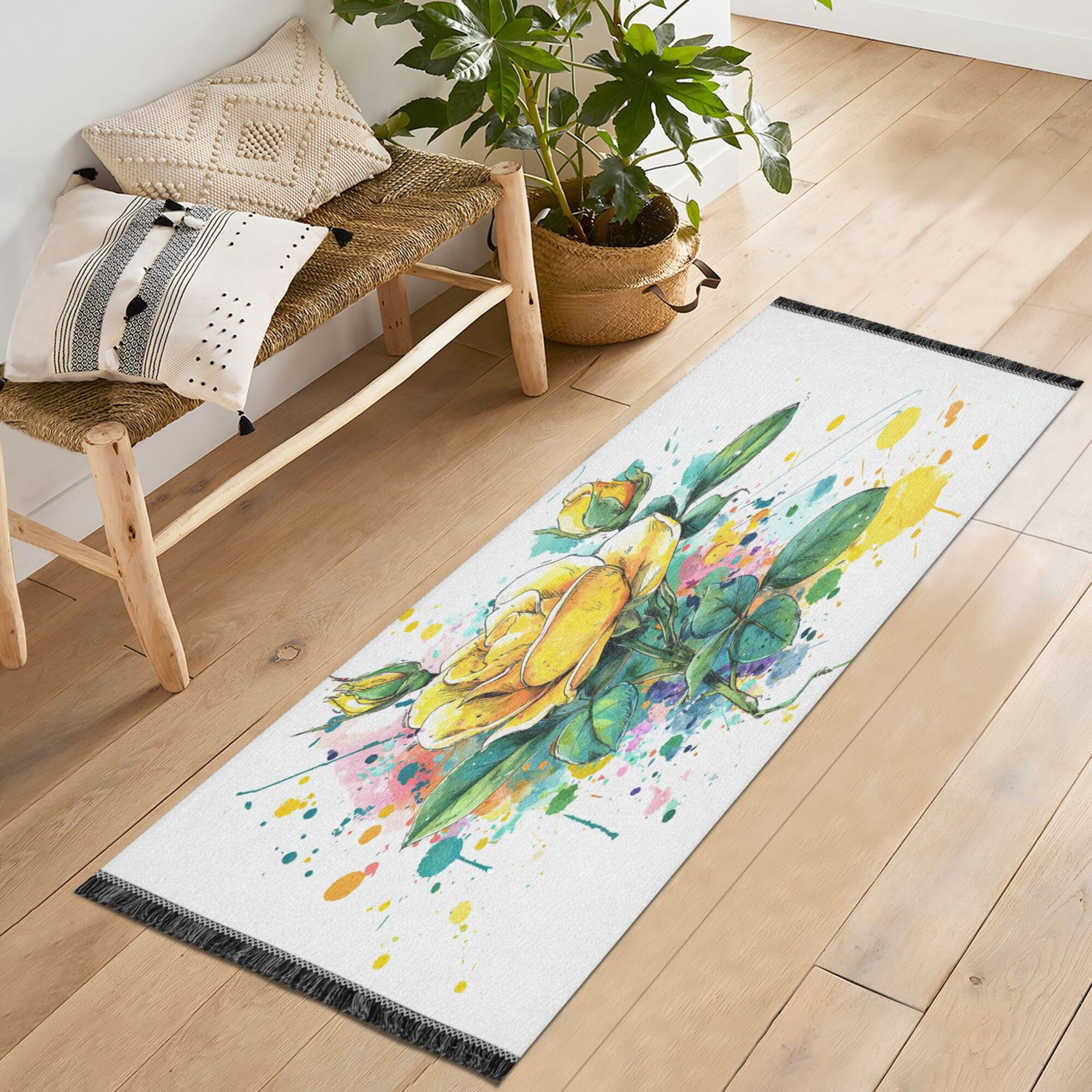 72x23.5 Runner Rug Non Slip Washable Watercolor Painting Of Yellow ...