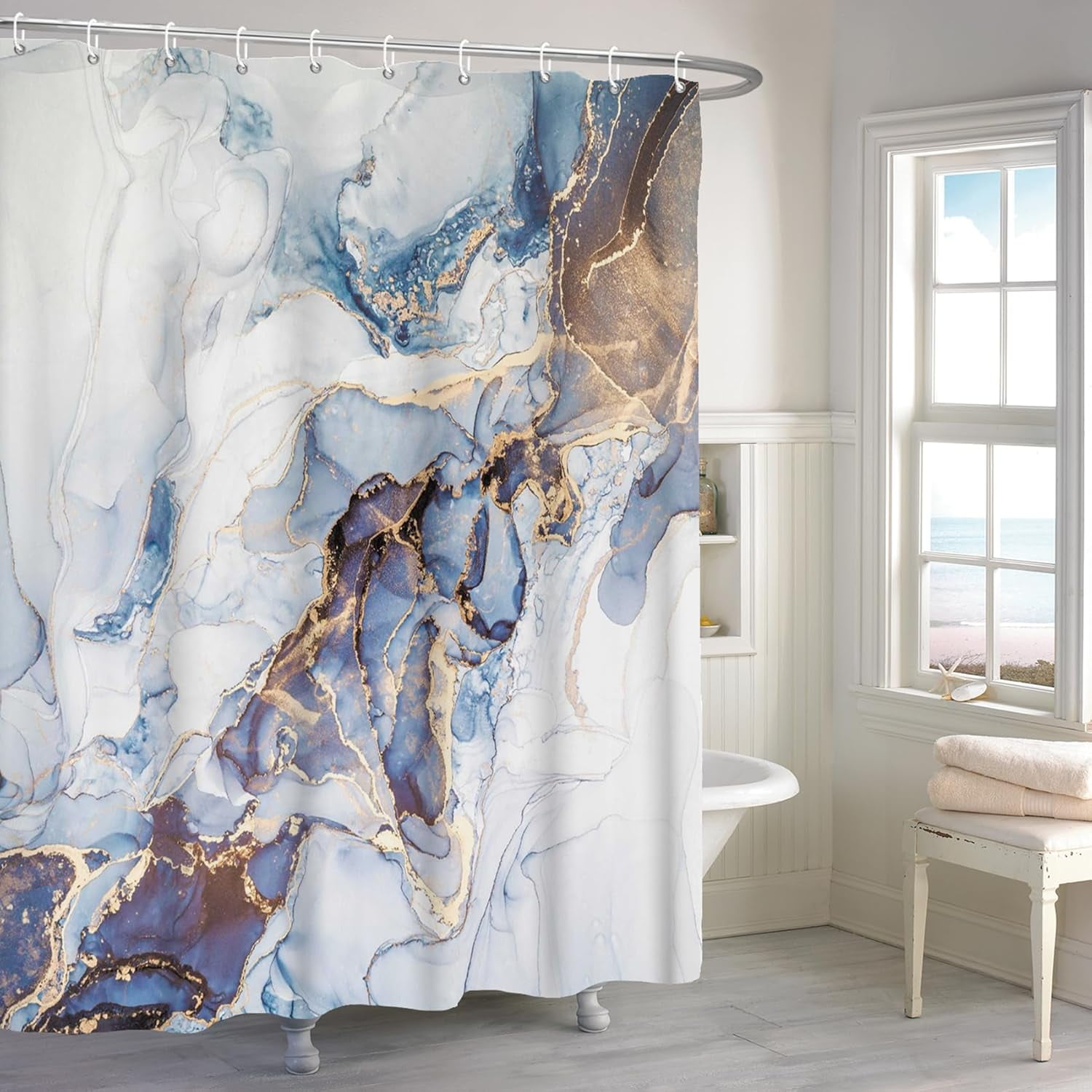 72x72 Inch Blue Gold Marble Shower Curtain Abstract Golden Cracked ...