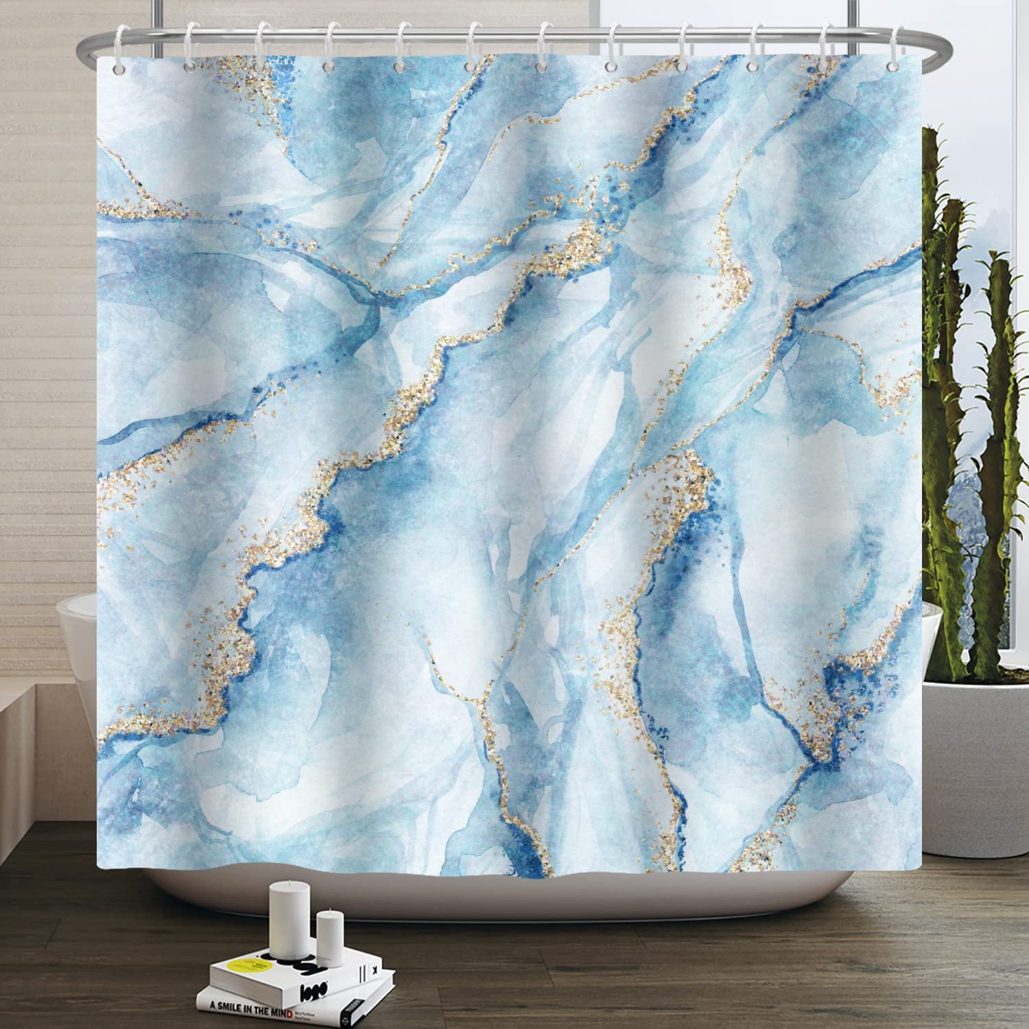 72x72 Inches Blue Gold Marble Shower Curtain Abstract Golden Glitter ...