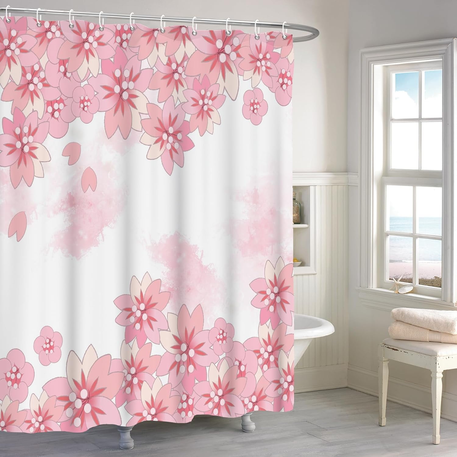 72x72 Inches Watercolor Pink Floral Shower Curtain Abstract Cherry ...