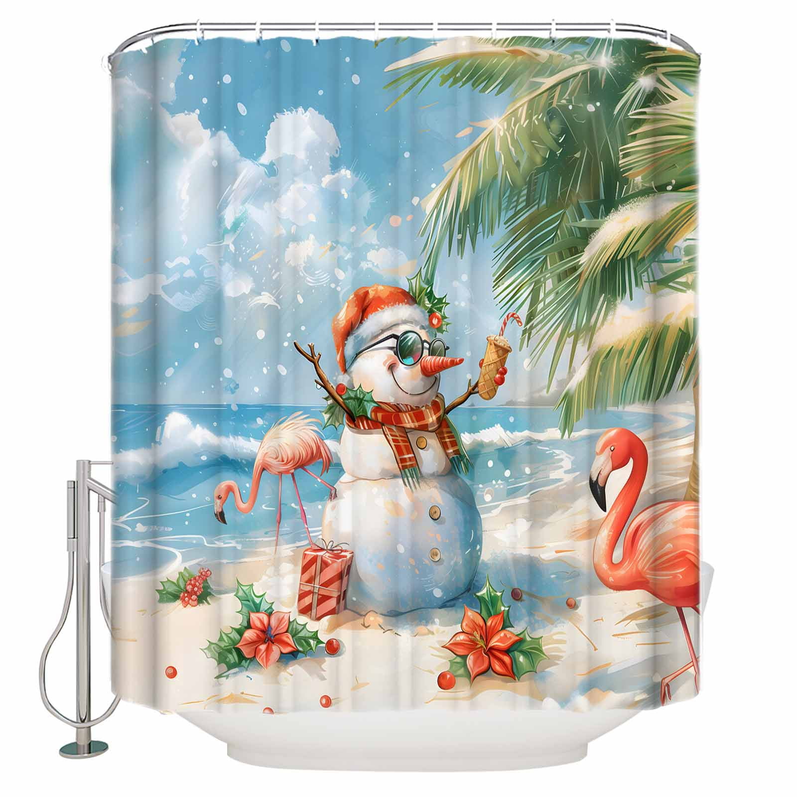 72x78 Inch Shower Curtain Blue Coastal Christmas Bathroom Decor Waterproof Fabric Bathtub Bath ...