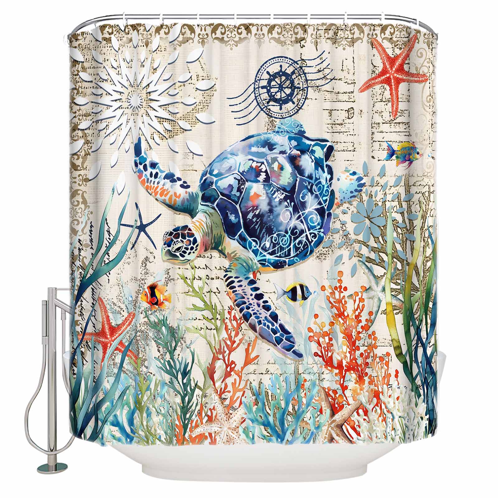72x78 Inch Shower Curtain Coastal Sea Turtle Bathroom Decor Waterproof ...