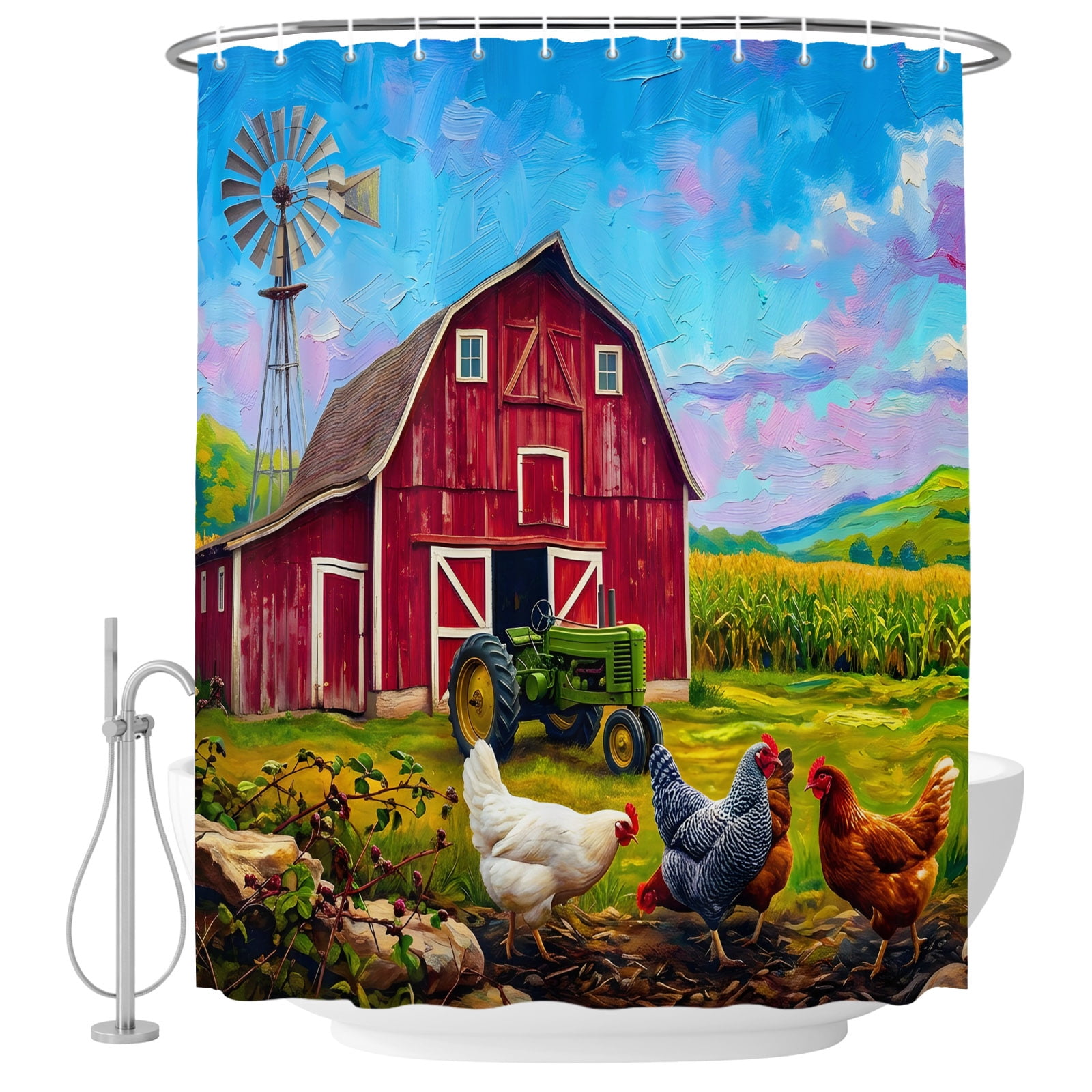 72x78 Inch Shower Curtain Farmhouse Chickens Bathroom Decor, Waterproof ...
