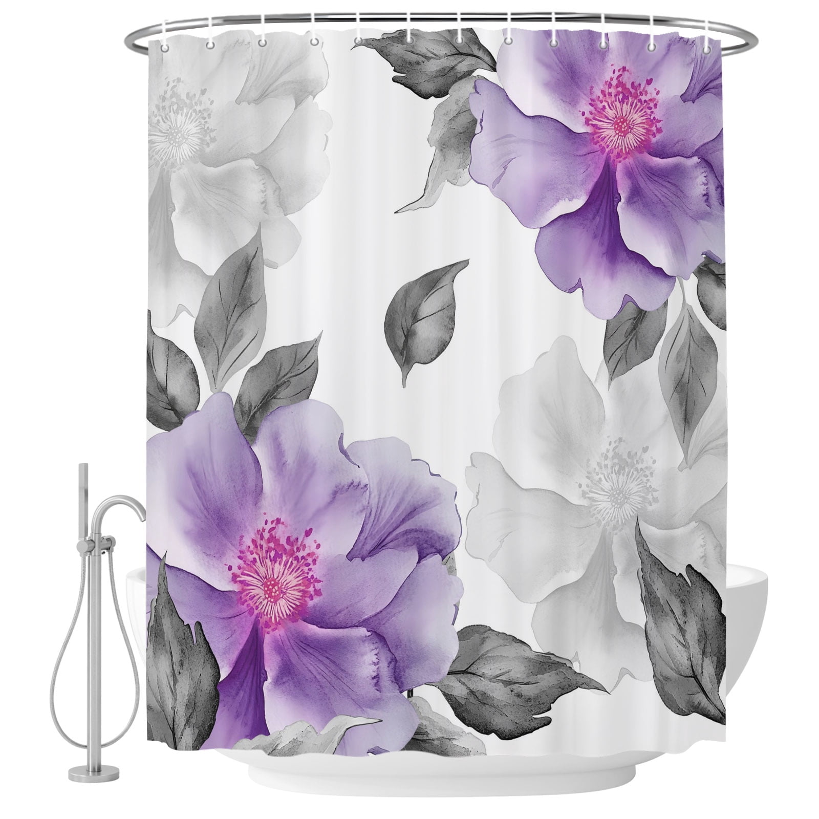 72x78 Inch Shower Curtain Purple Grey Floral Bathroom Decor, Waterproof ...