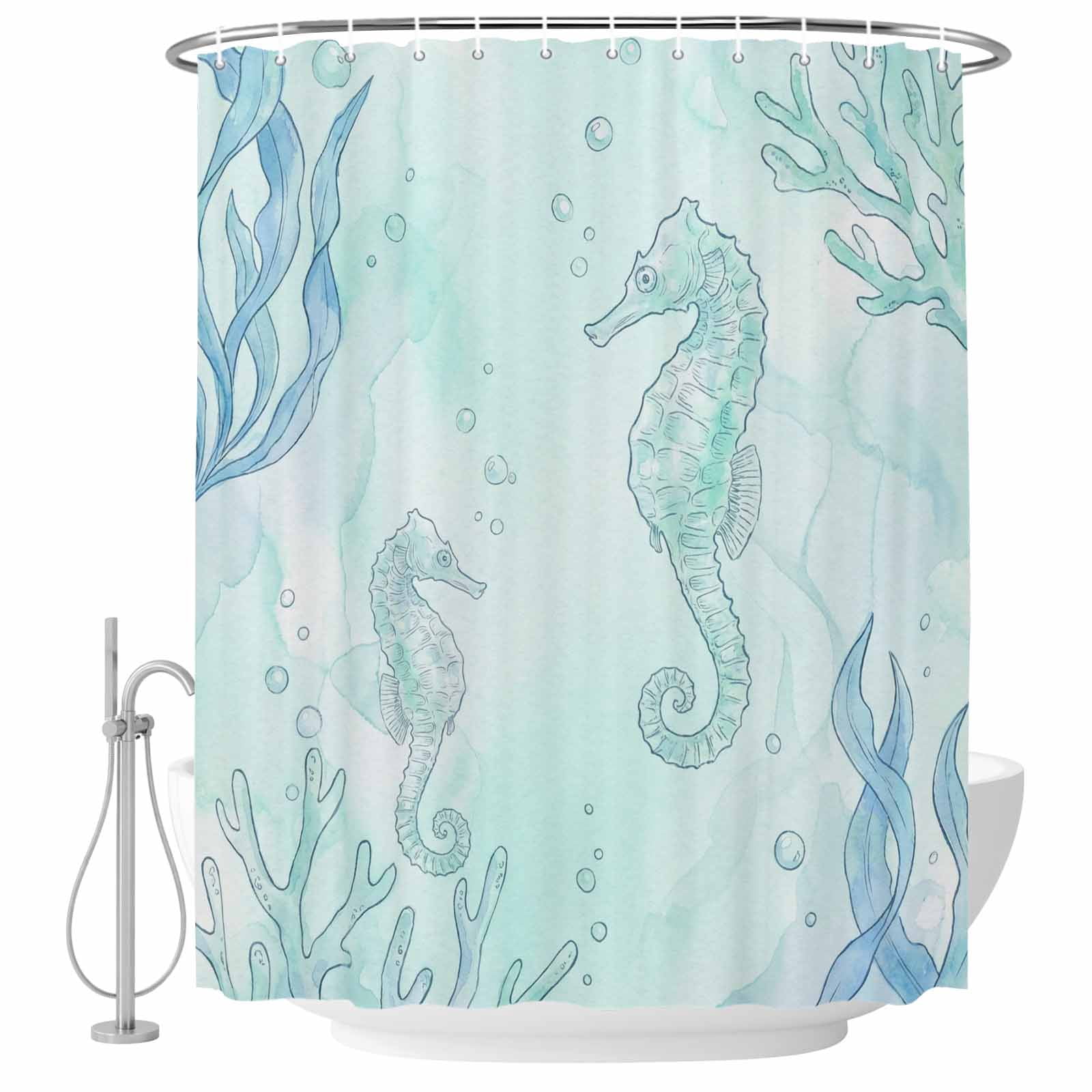 72x78 Inch Shower Curtain Teal Blue Seahorse Coastal Bathroom Decor ...