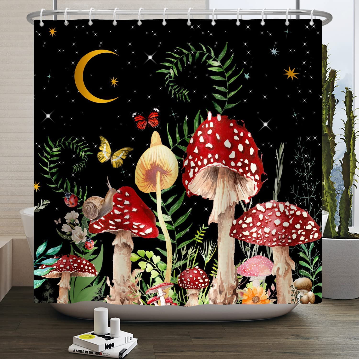 72x84 Inches Mushroom Boho Shower Curtain Retro Red Mushrooms Butterfly ...