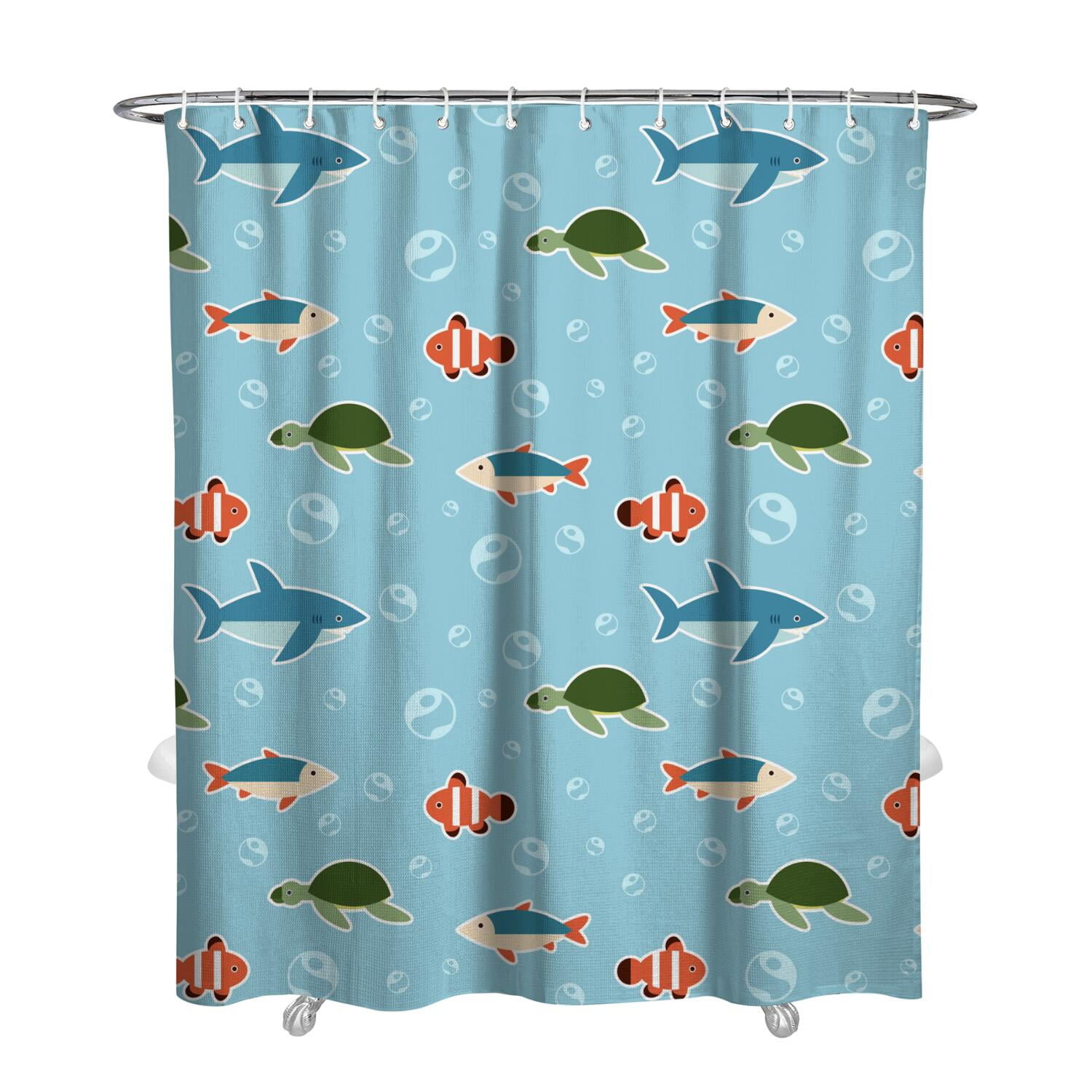 72x84in Kids Shower Curtain with Funny Sharks, Ocean Cartoon Print on ...