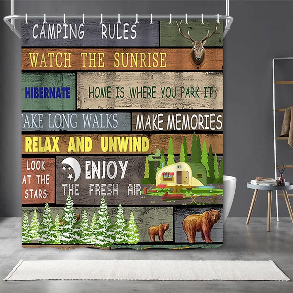 72x84inch Camping Rules Shower Curtain Moose Head Bear Camper Trailer ...
