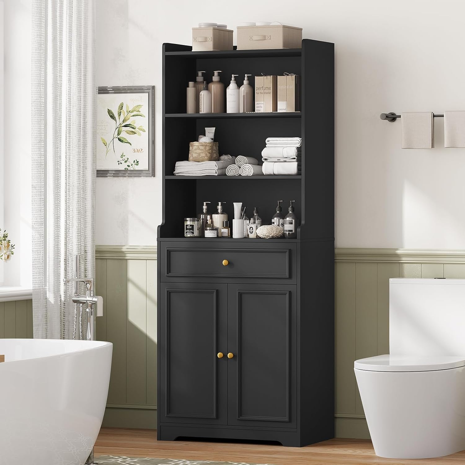 73.2'' Tall Bathroom Storage Cabinet with Doors and Drawer & Shelves ...