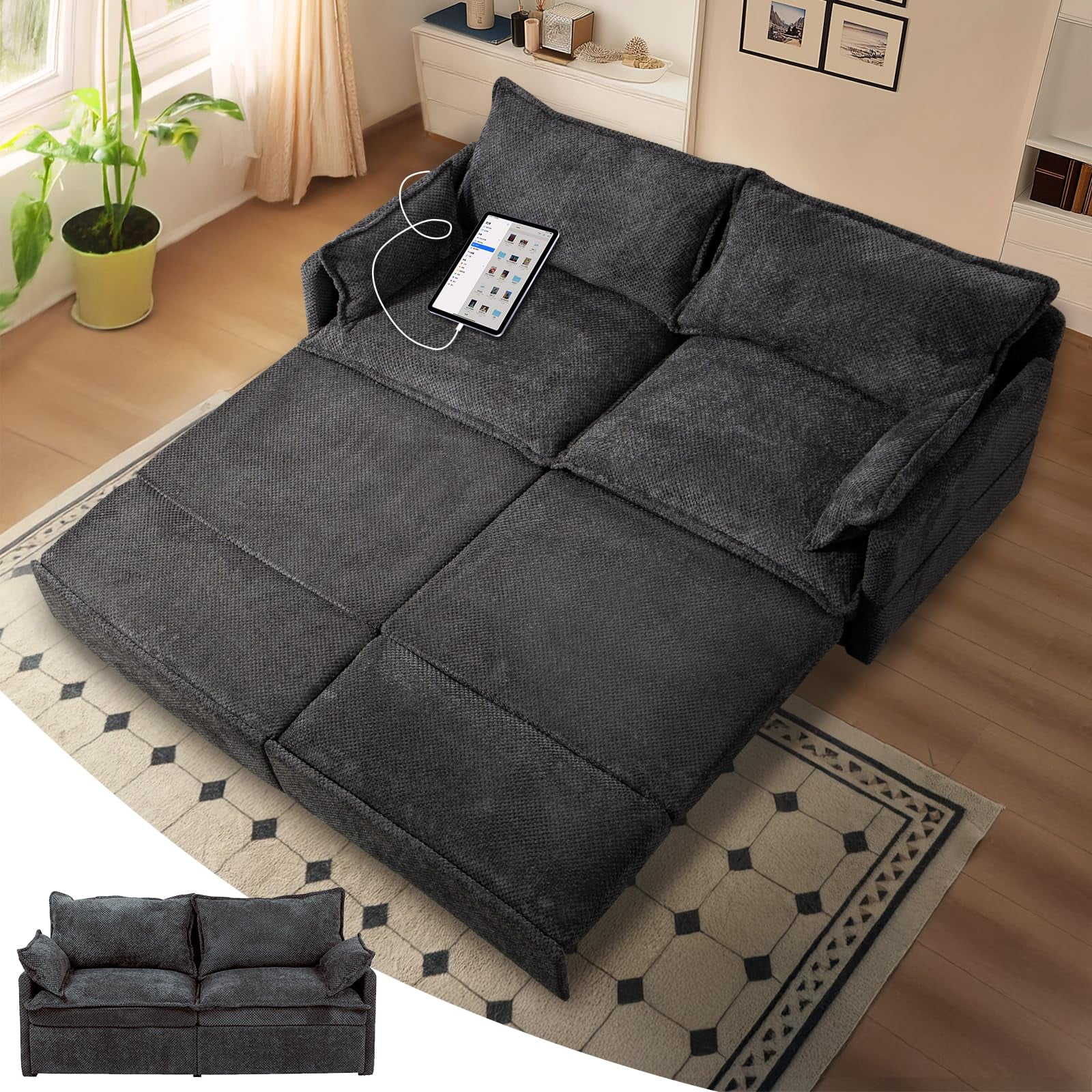 73.6" Corduroy Pull Out Sofa Bed with USB Charging, Side Storage ...