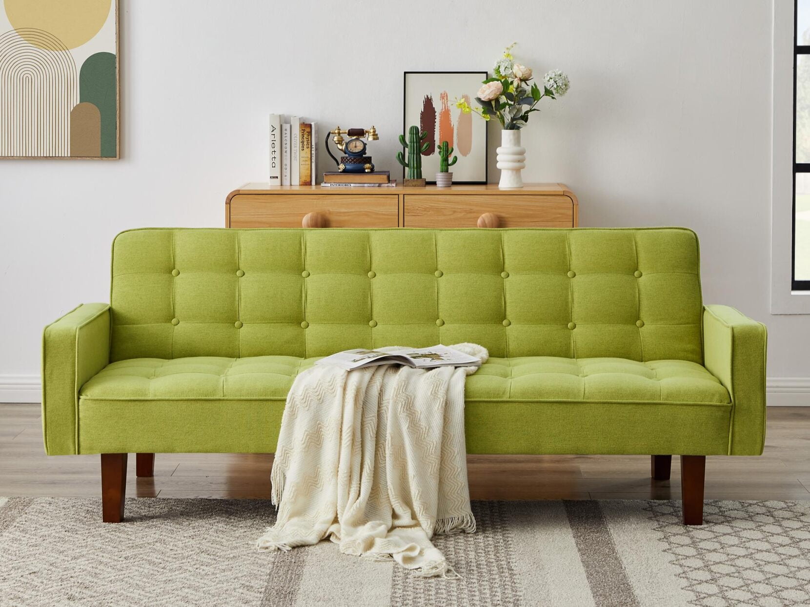 73.62 inch Linen Futon Sleeper Sofa Couch Upholstered Convertible Sofa Bed with Wood Legs Tufted 3 Seater Sleeper Sofa for Living Room Bedroom