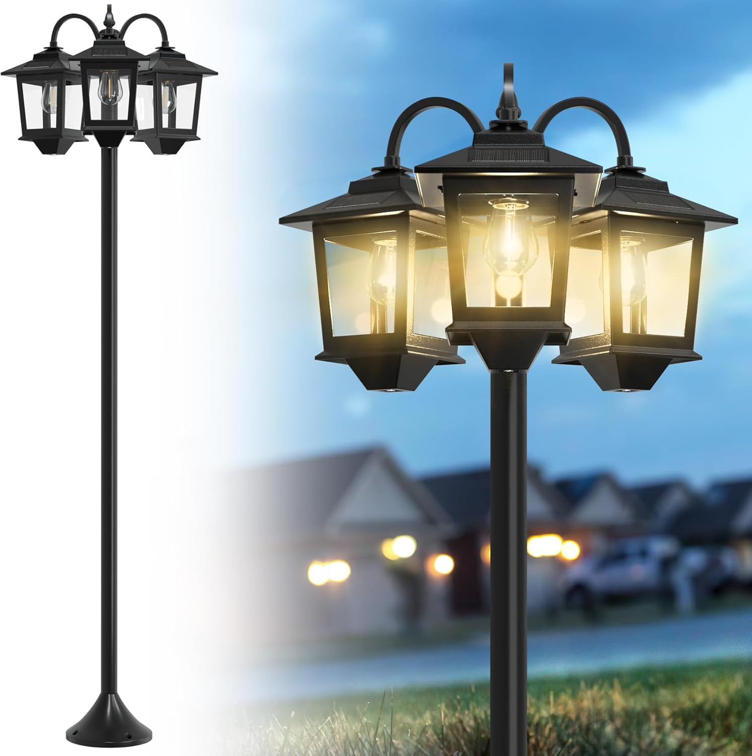 73" Aluminum Solar Lamp Post Light, 3-Head Solar Light Posts for ...