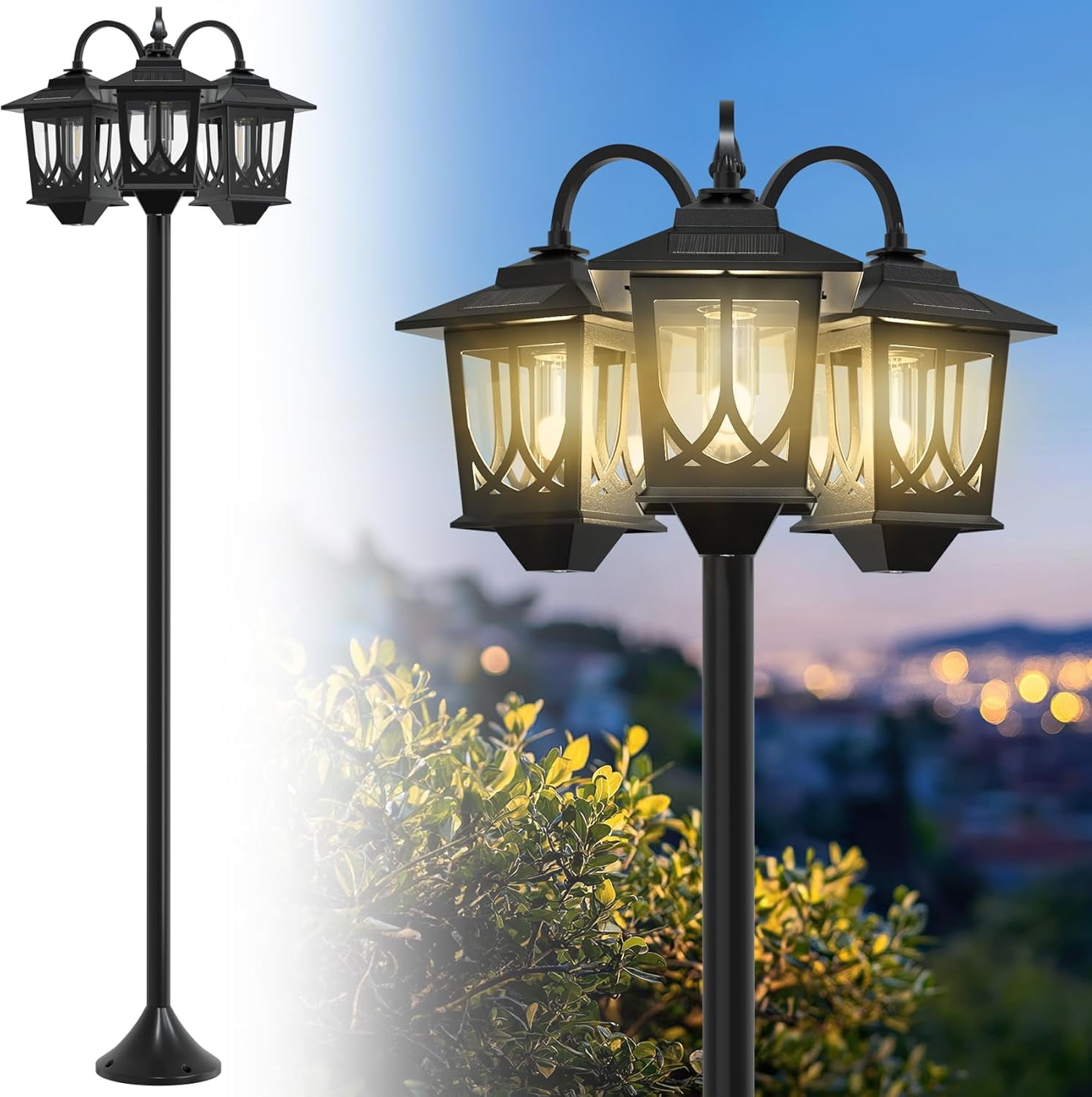 73" Aluminum Solar Lamp Post Light, 3-Head Solar Light Posts for ...
