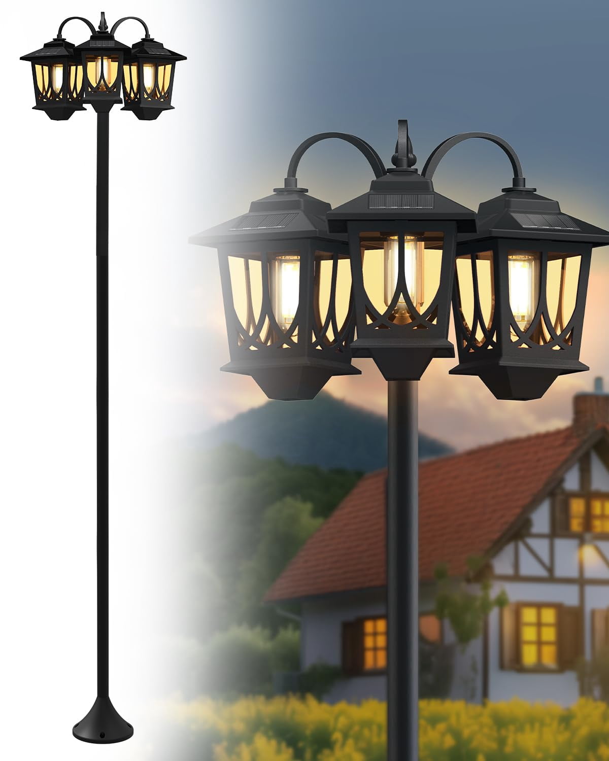 73" Aluminum Solar Lamp Post Light Outdoor Waterproof IP65 - 3-Head ...