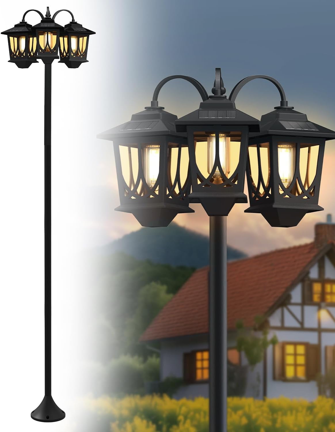 73" Aluminum Solar Lamp Post Light Outdoor Waterproof IP65 - 3-Head ...