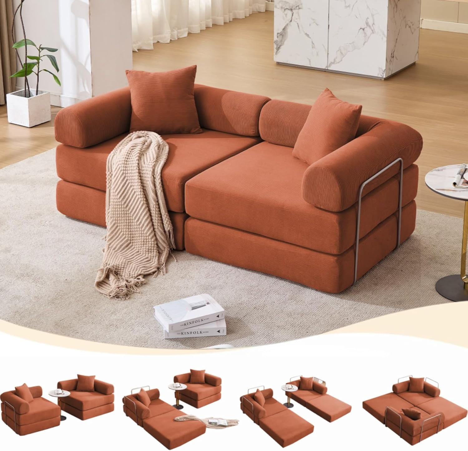 73'' Convertible Boneless Sofa Couch with Removable Armrests, Corduroy ...
