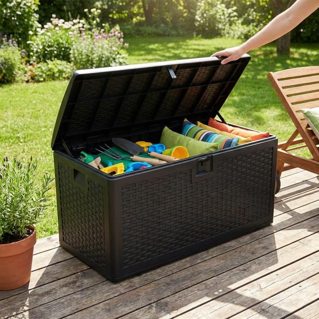 73 Gallon Brown Resin Deck Storage Box, Lockable Weatherproof Blow ...