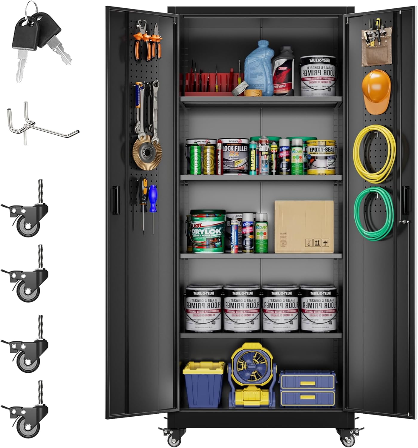 73" H Metal Garage Storage Cabinet with Wheels & Pegboard,Rolling Tool ...