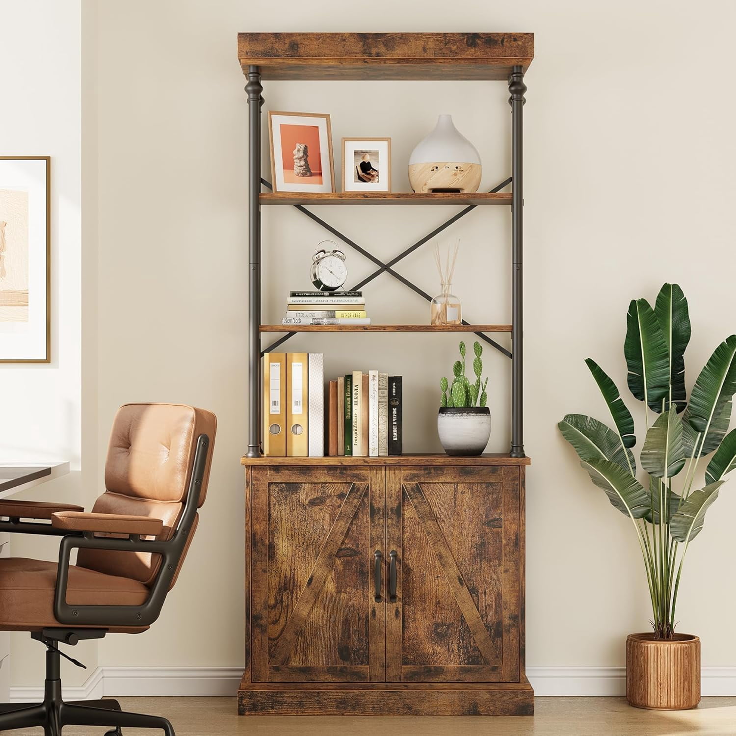 73 Inch High Industrial Floor Standing Bookcase with Doors 5 Tier ...