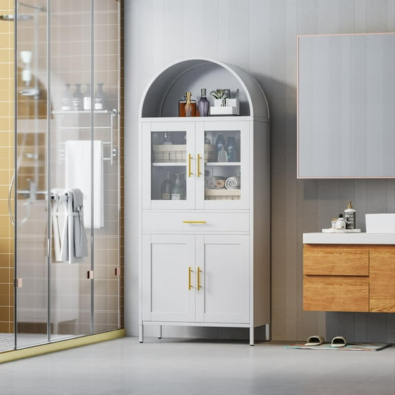 73 Inch Tall Arched Metal Display Cabinet with Glass Doors Shelves ...