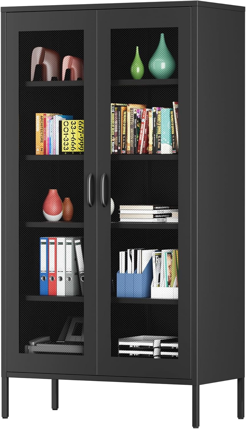 73 Inches Black Metal Storage Cabinet with Mesh Doors, 5 Tier Display ...