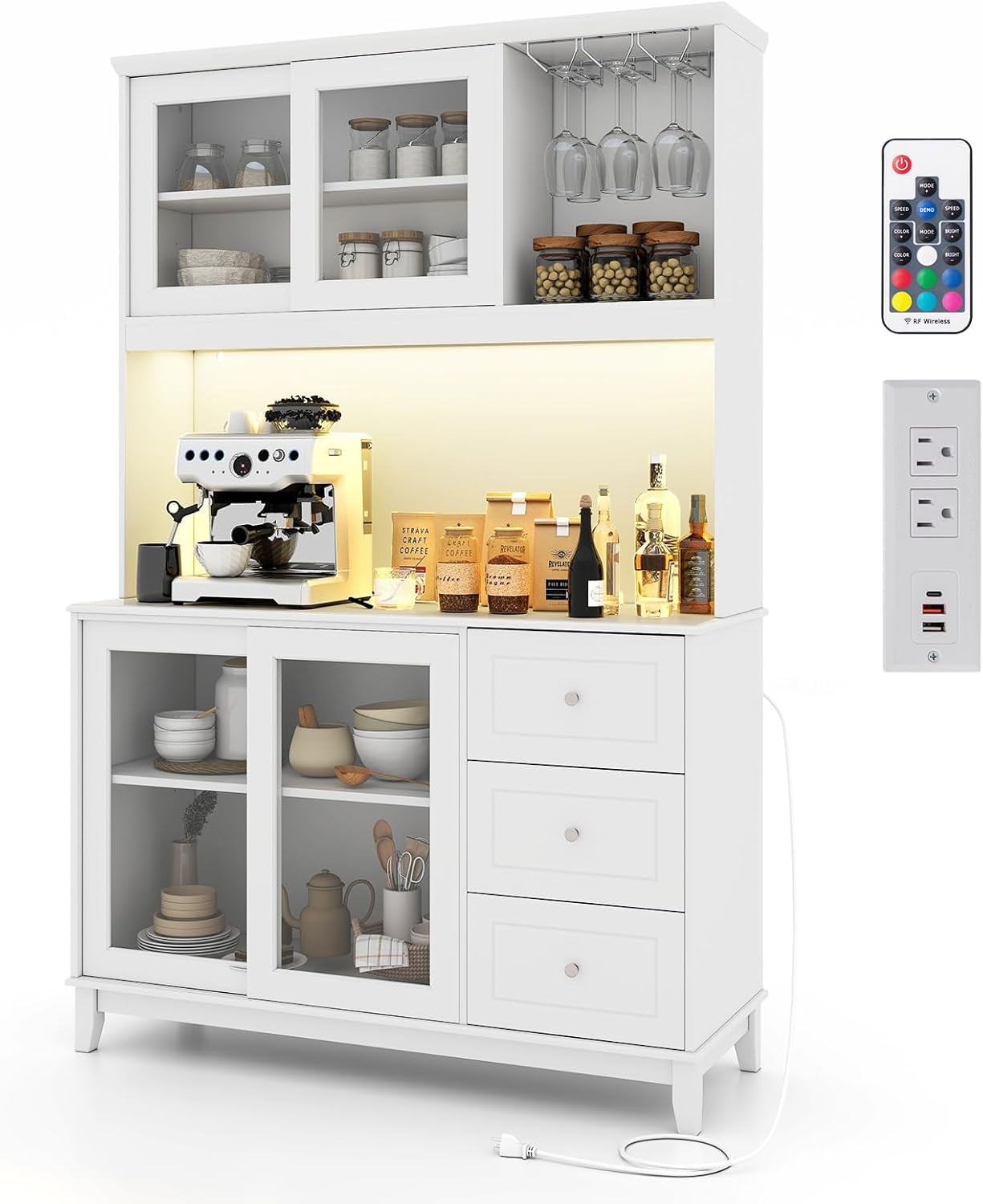 73” Kitchen Pantry Storage Cabinet, Buffet Hutch w/Power Outlets & Led ...