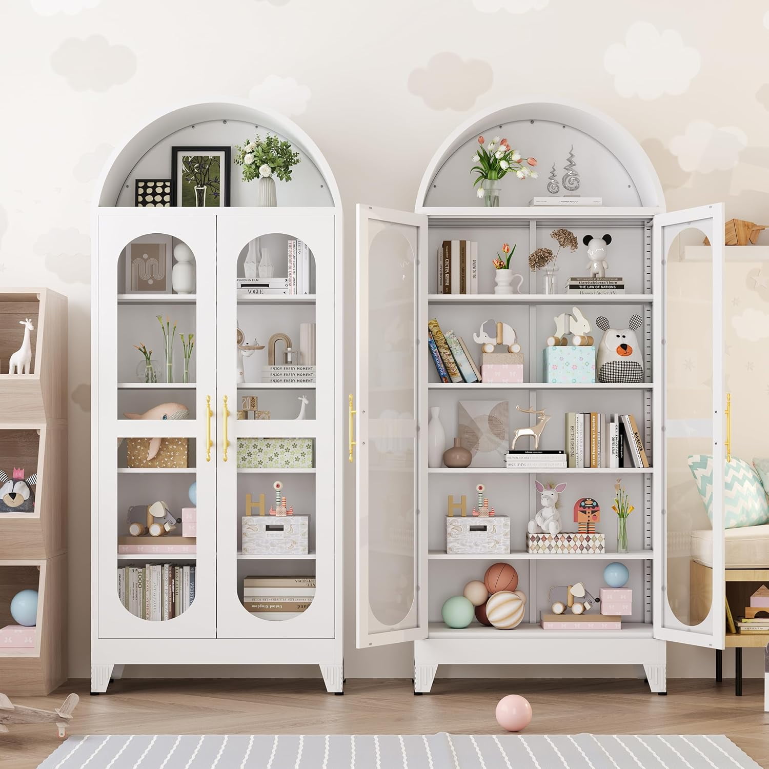 73" Metal Arched Display Cabinet with Glass Doors, Tall Bookcase 4-Tier ...