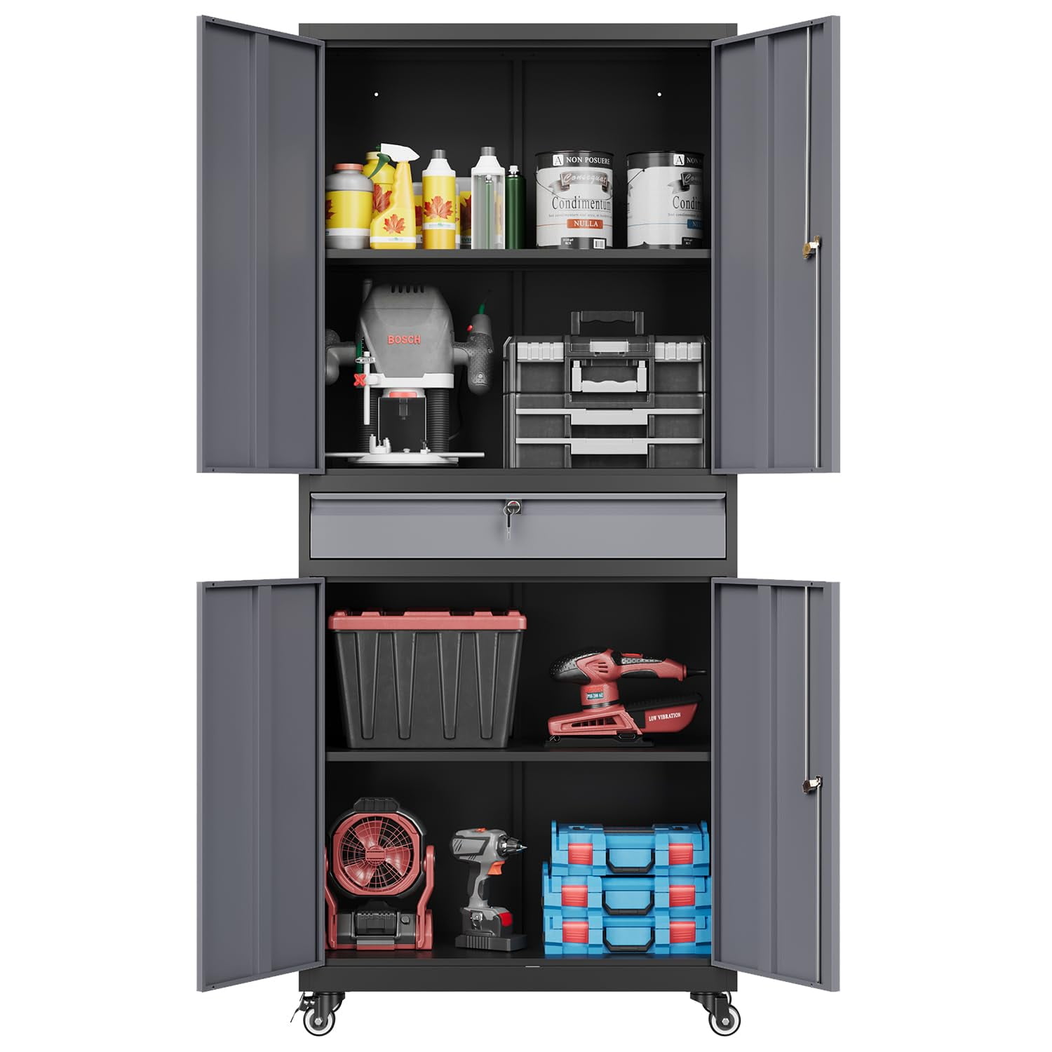 73" Metal Cabinet-Black&Gray Heavy Duty Rolling Storage Cabinet Steel ...