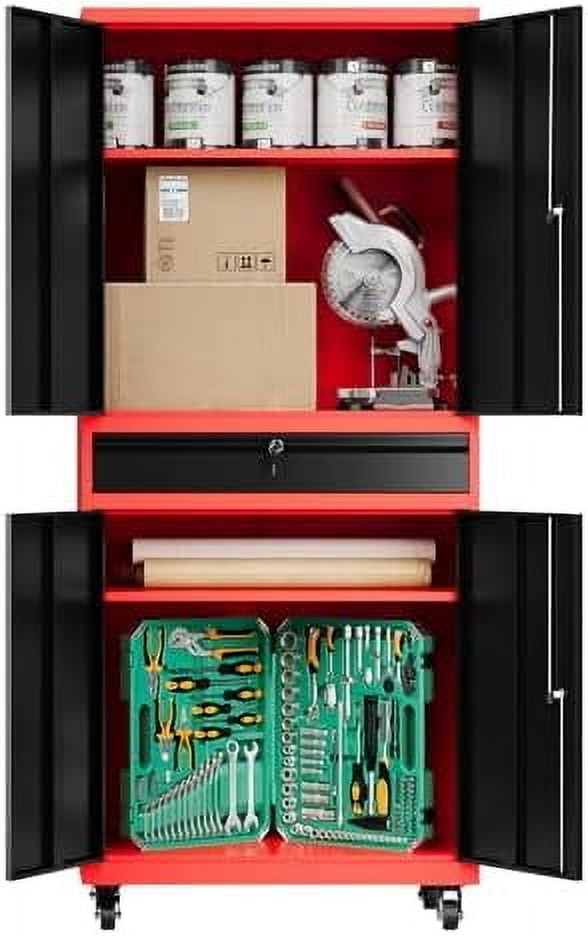 73" Metal Cabinet-Black & Red Heavy Duty Rolling Storage Cabinet Steel ...