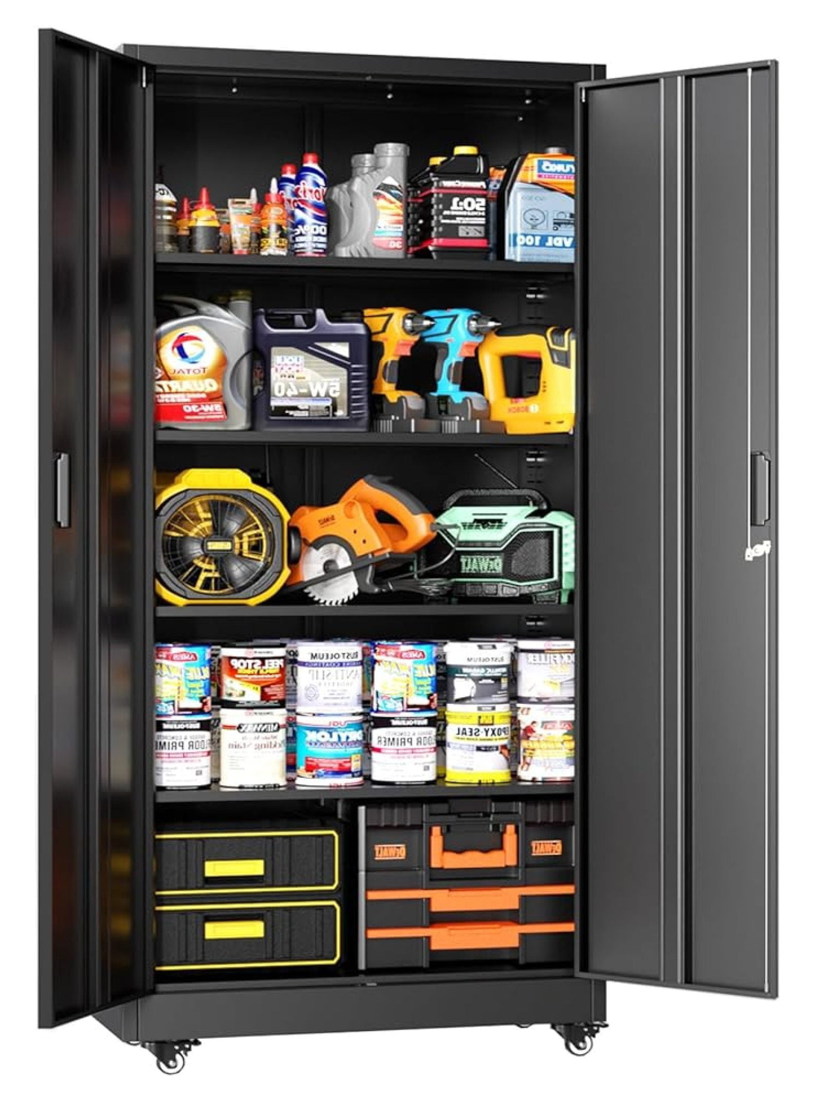 73" Metal Garage Storage Cabinet with Wheels - Black Lockable Steel ...