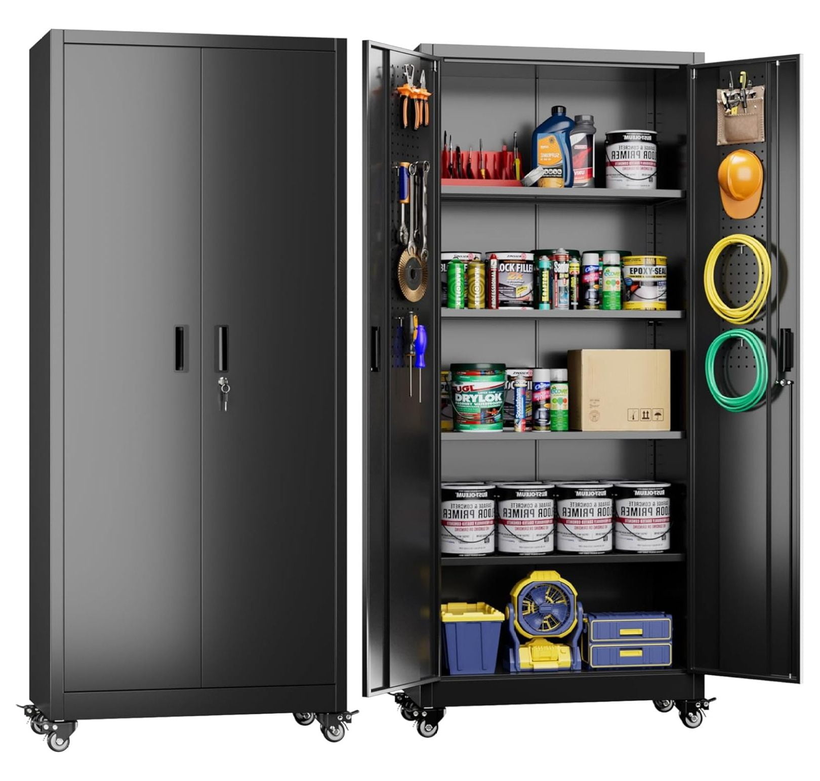 73" Metal Storage Cabinet with Pegboard & Wheels, Lockable File Cabinet ...