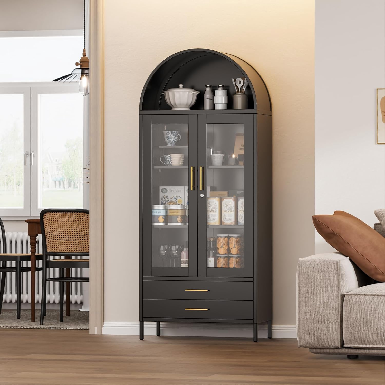 73'' Metal Tall Arched Display Cabinet with Glass Doors, Freestanding ...