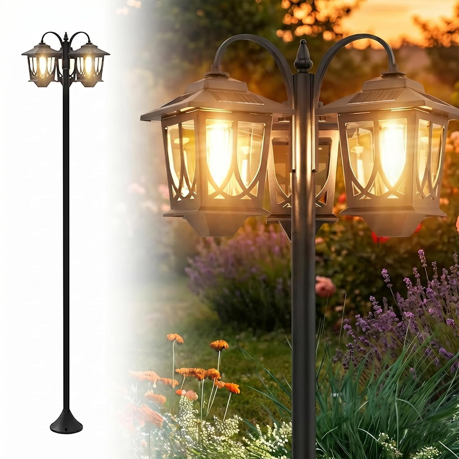 73” Solar Lamp Post Light Outdoor, 3-Head Aluminum for Yard, Garden ...