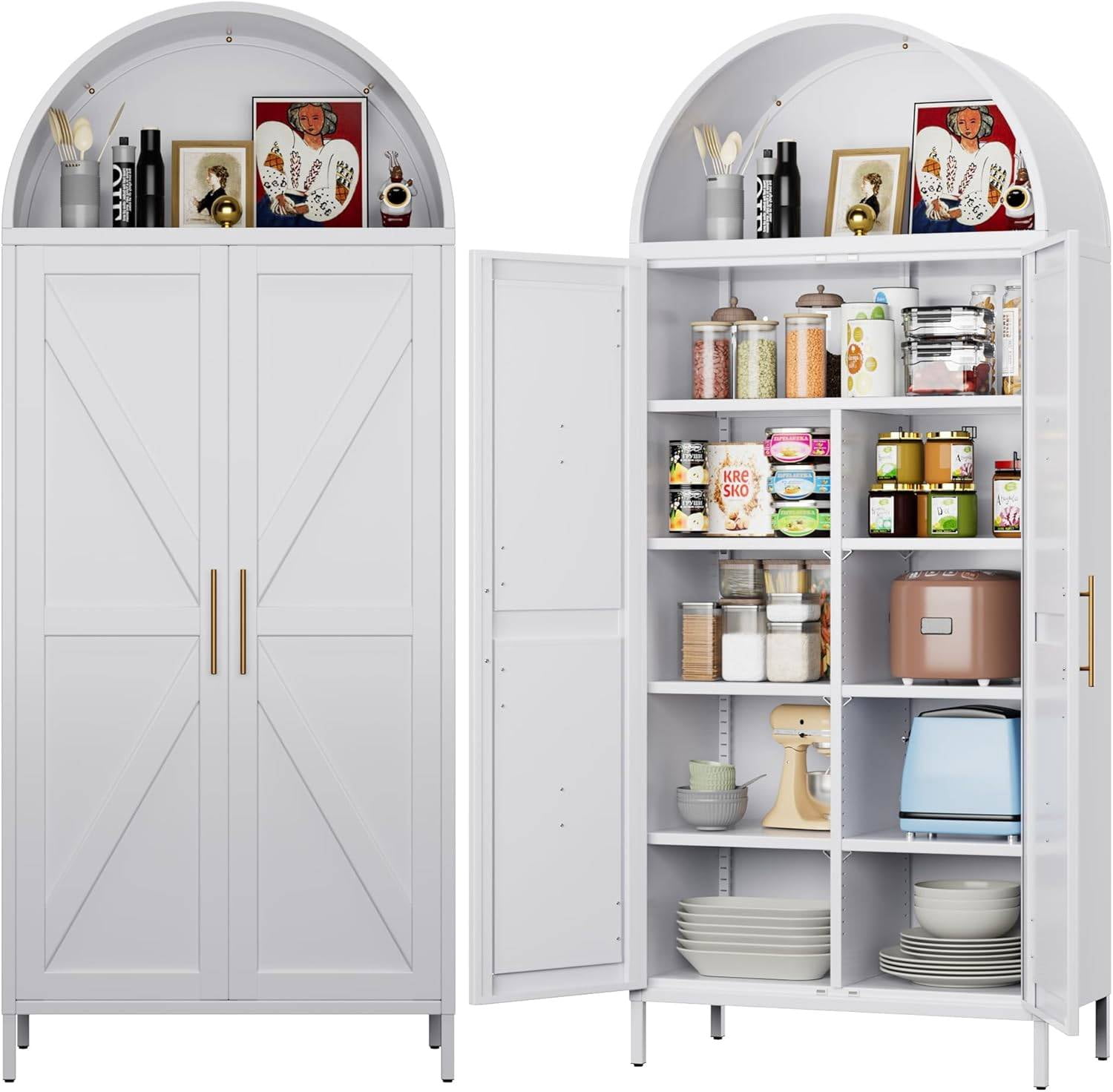 73" Tall Arched Metal Pantry Cabinet with 6 Adjustable Shelves and 2 ...