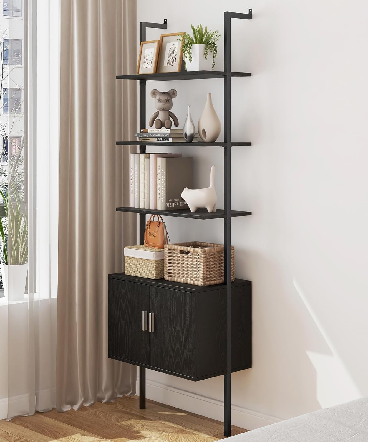 73" Tall Bookshelf with Cabinet, Industrial Ladder Wall Mount Shelf ...