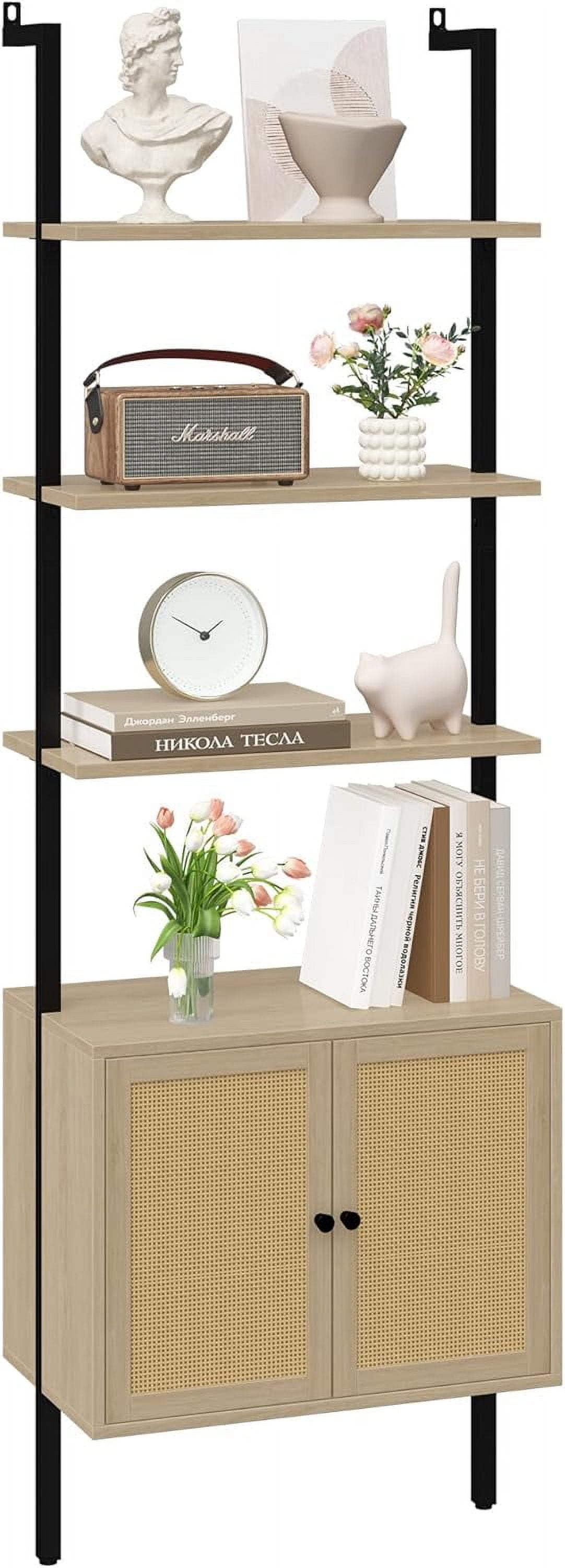 73" Tall Bookshelf with Cabinet, Industrial Ladder Wall Mount Shelf ...