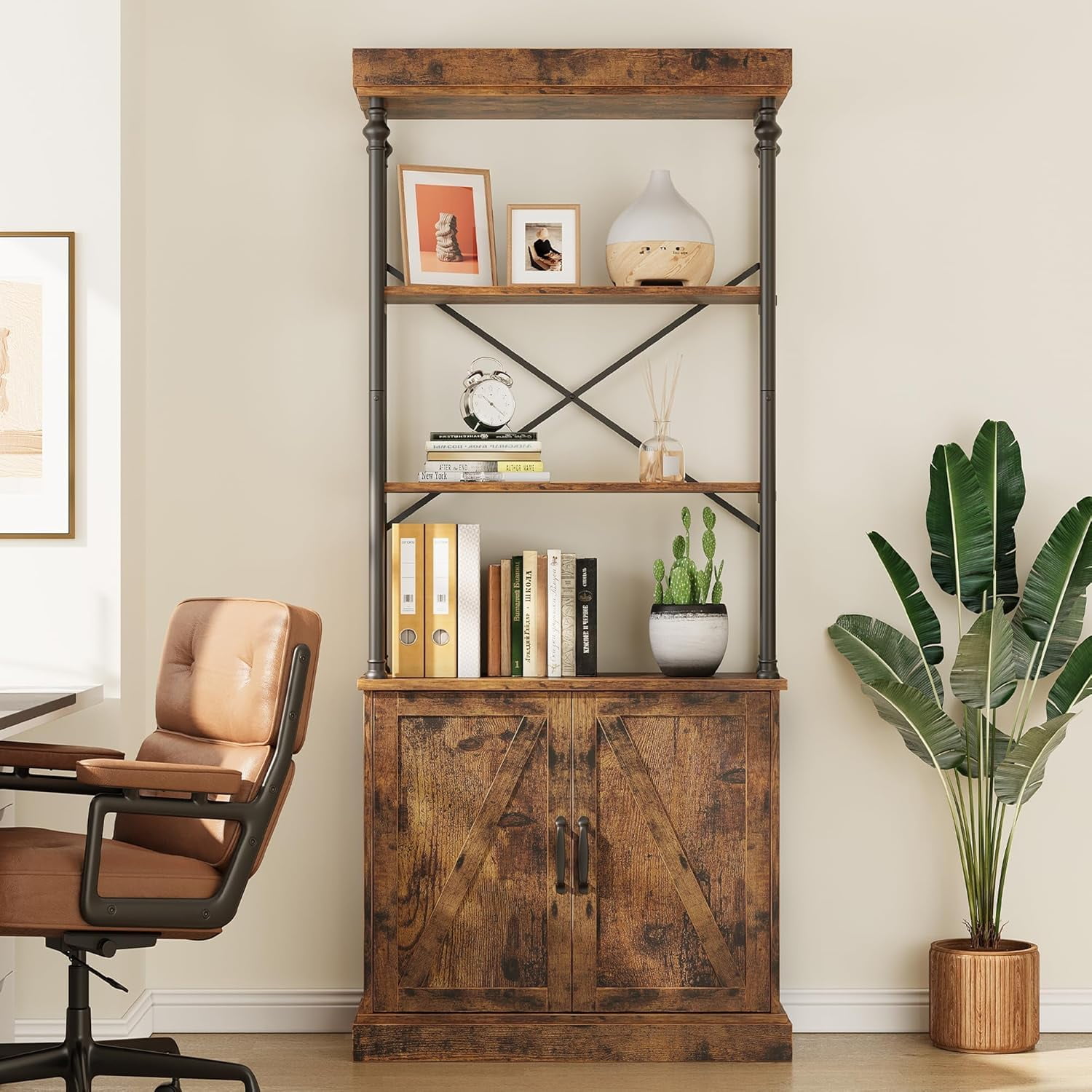 73" Tall Industrial Floor Standing Bookcase with Doors – 5-Tier ...