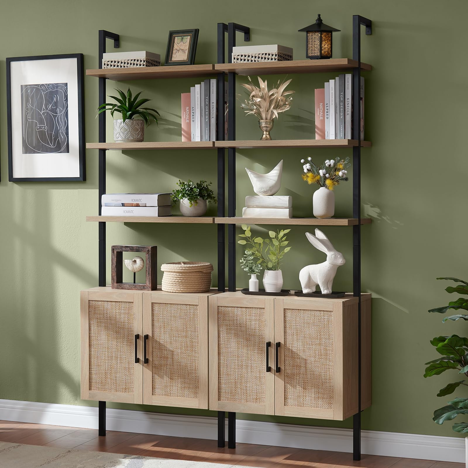 73" Tall Ladder Book Shelf Set, 5 Tier Storage Shelves with Rattan ...