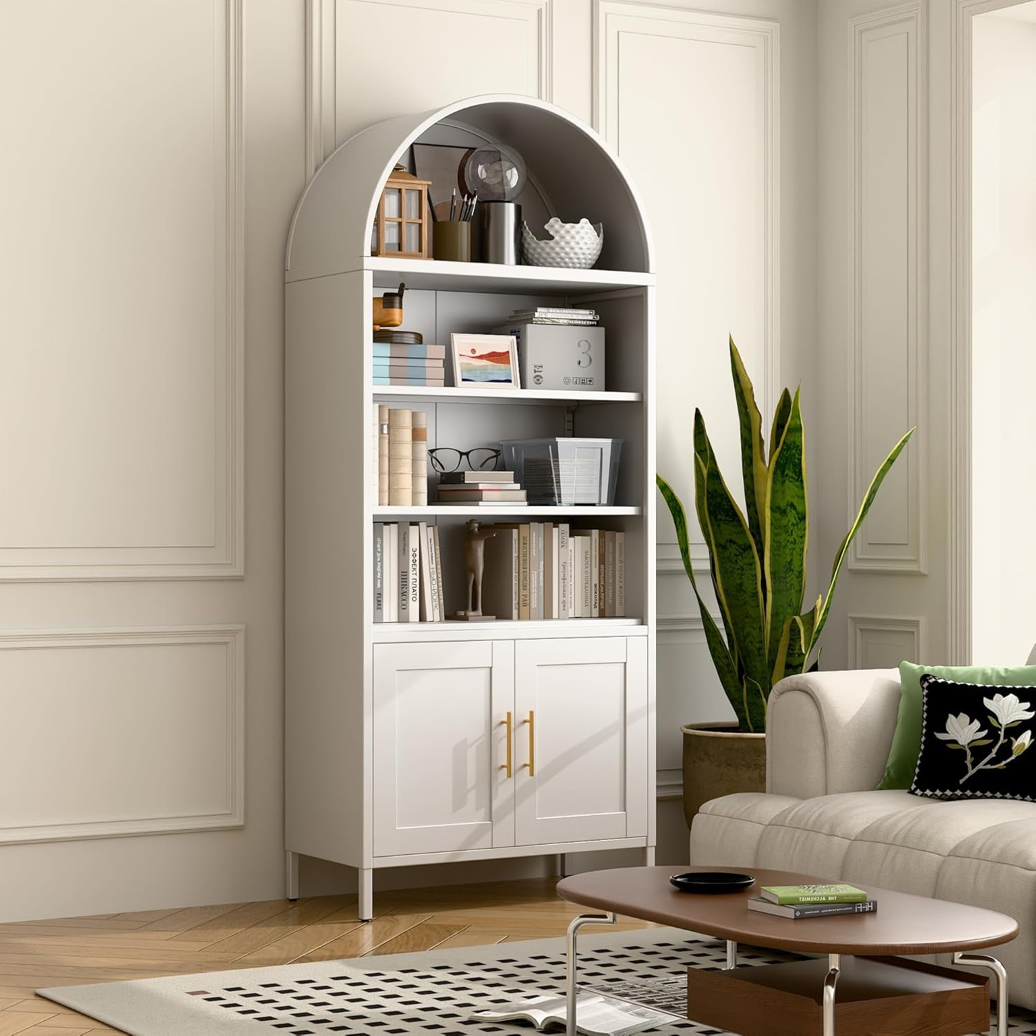 73 in Tall Metal Arched Cabinet, 5-Tier Arched Bookcase with Doors ...