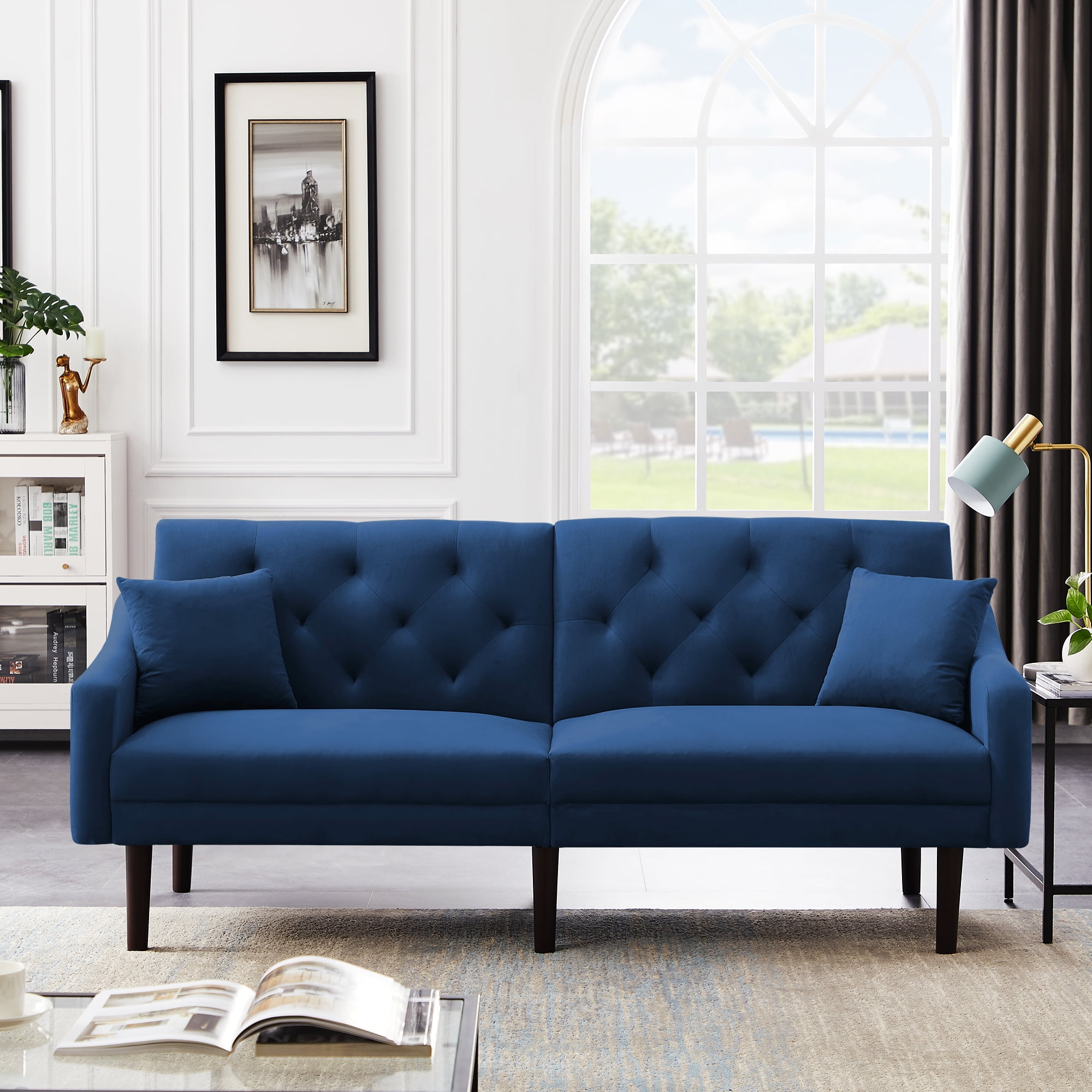 73" Velvet Futon Sofa, Modern Convertible Upholstered Futon Couch with ...