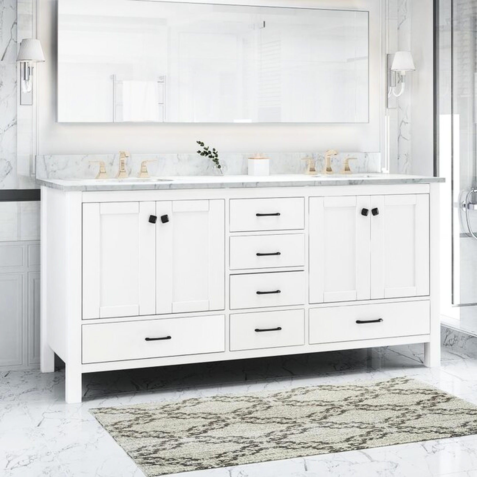 73'' White Bathroom Vanity with Marble Top & Double Ceramic Sinks, 4 ...