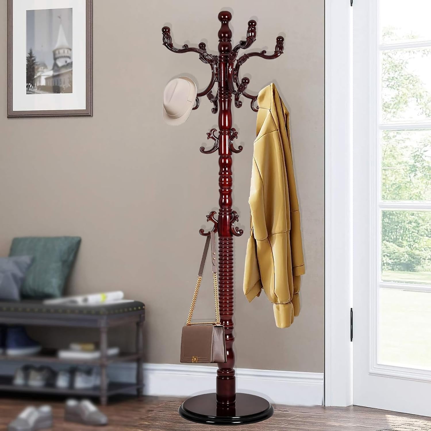73" Wooden Coat Rack Stand,Coat Racks Freestanding With 14 Hooks And ...
