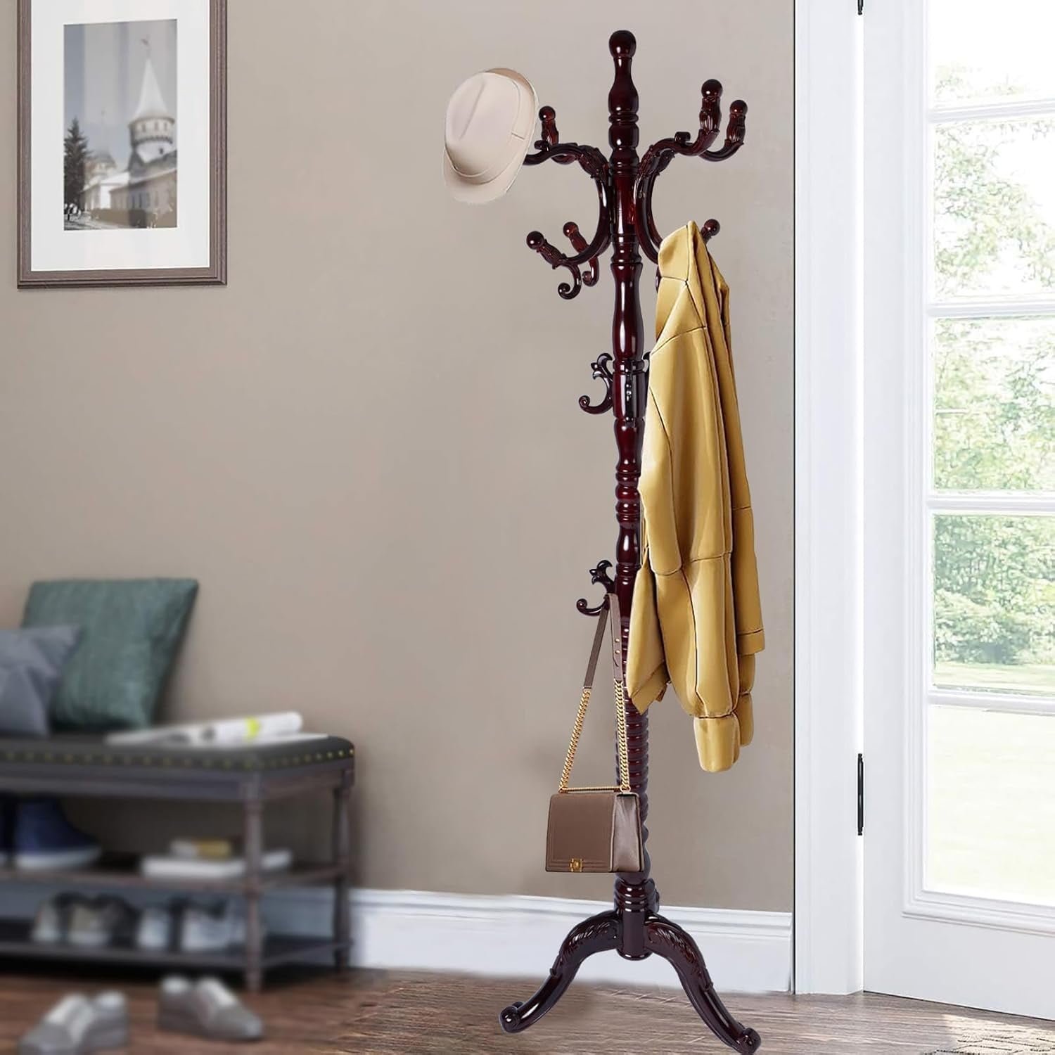 73" Wooden Coat Rack Stand,Coat Racks Freestanding With 14 Hooks And ...