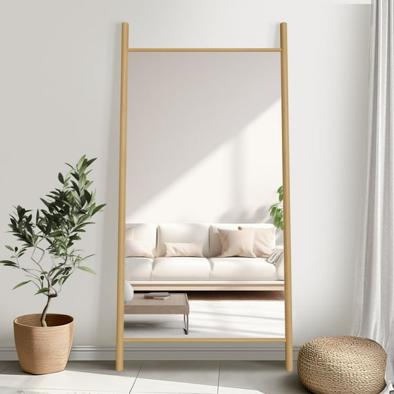 73"x35" Wood Full Length Mirror Ladder Rectangle Floor Mirror, Natural ...