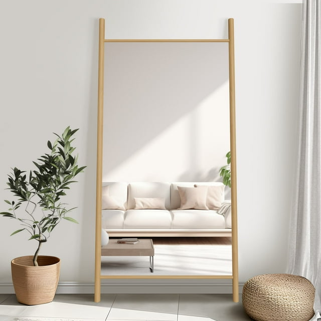 73"x35" Wood Full Length Mirror Ladder Rectangle Floor Mirror, Natural ...