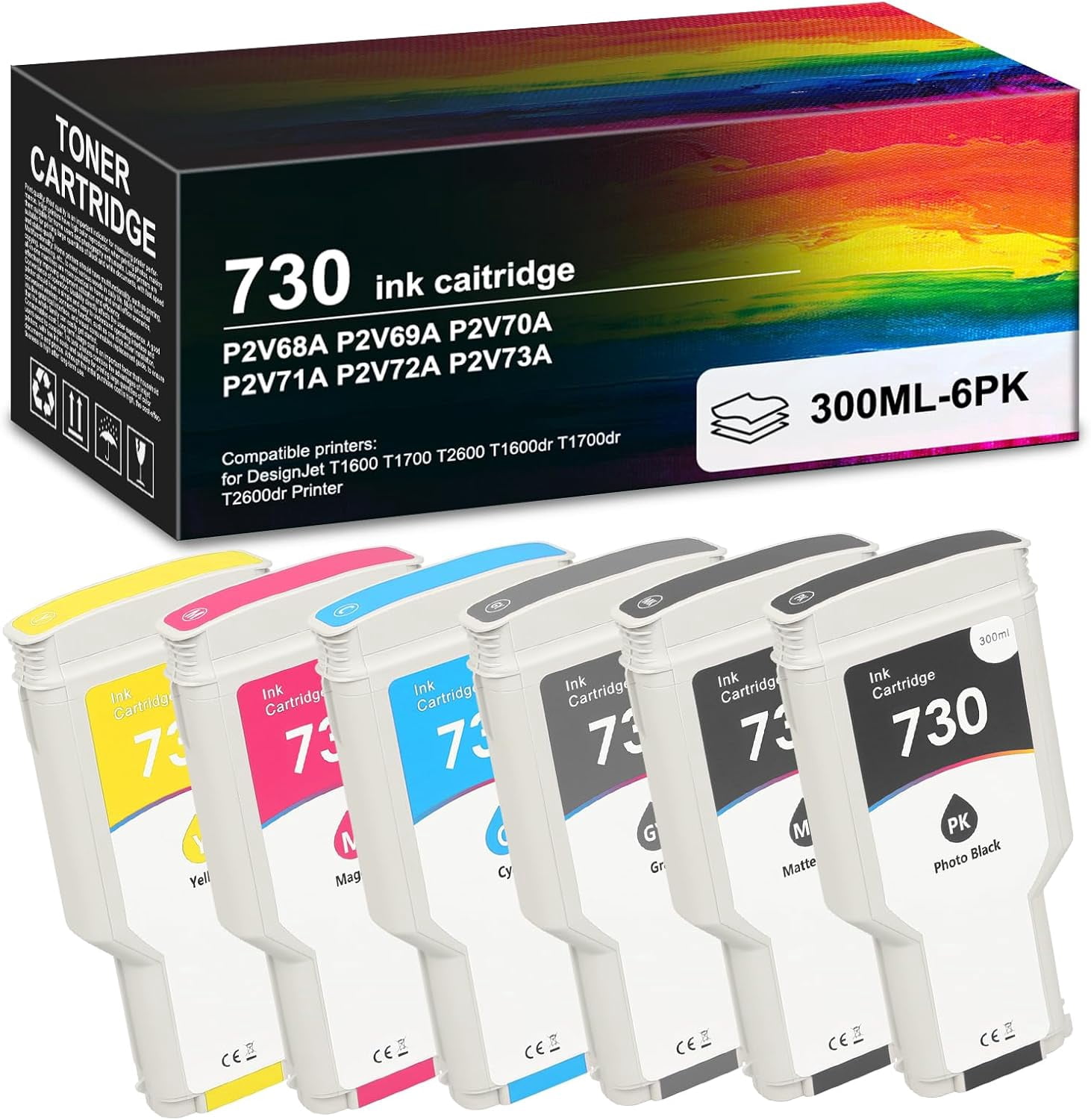 730 Ink Cartridge 300ml 6-Pack P2V68A P2V69A P2V70A P2V71A P2V72A ...