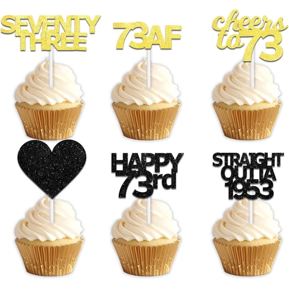 73rd Birthday Cupcake Toppers, Black and Gold Glitter, Cheers to 73 ...