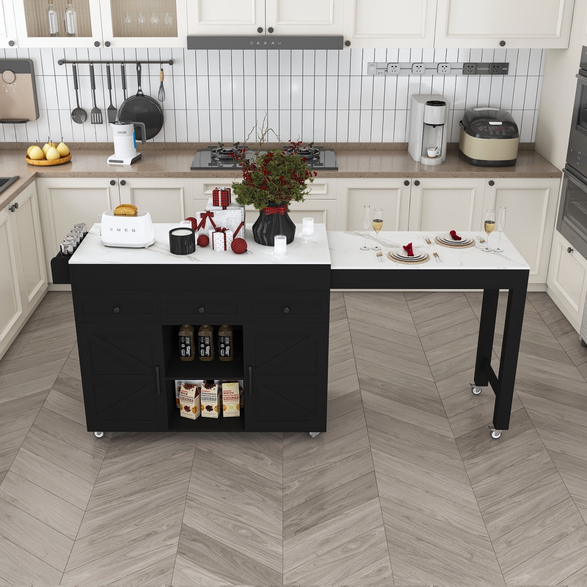 74.8" Extendable Kitchen Island With Dining Table Power Outlet Rolling ...