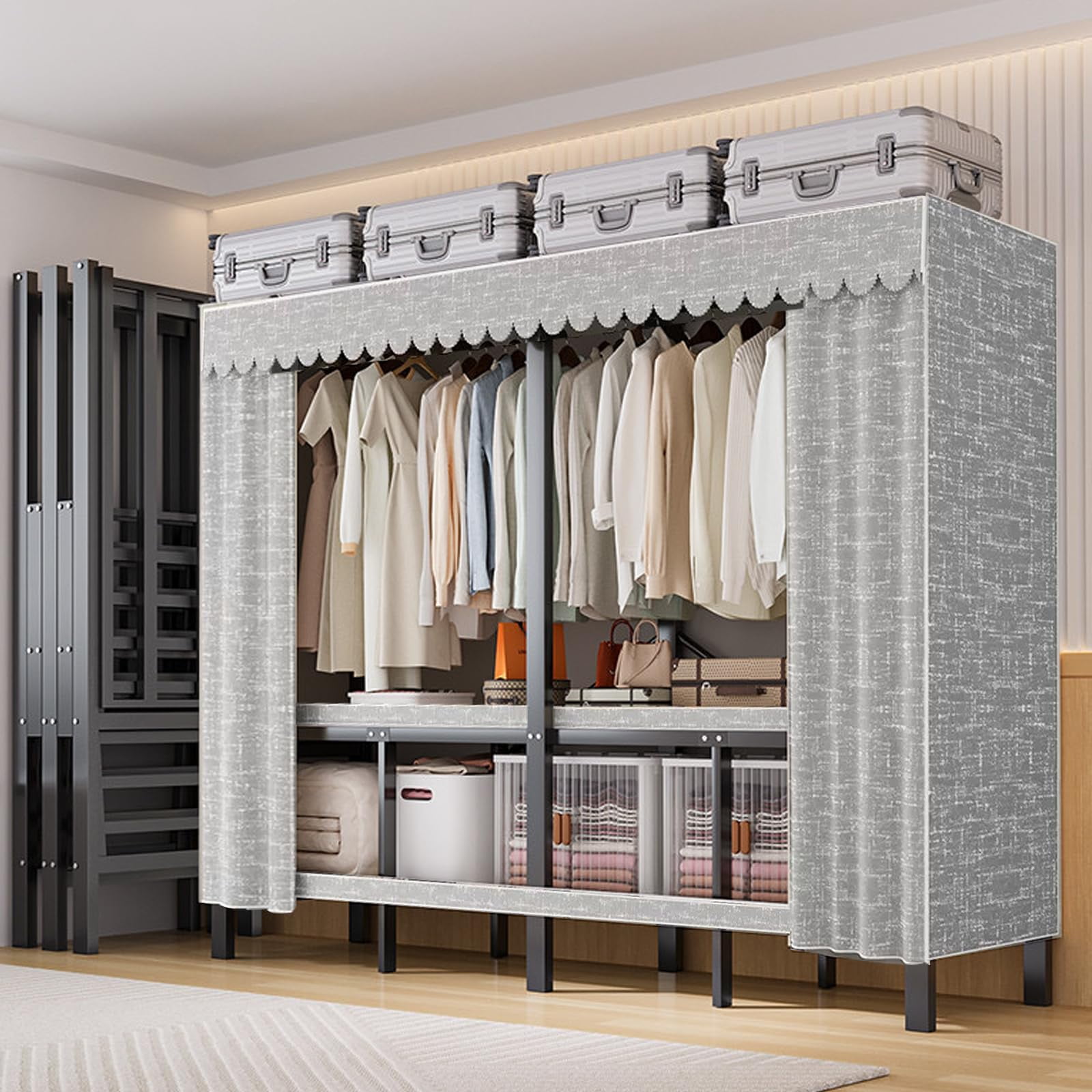 74.8" Heavy Duty Portable Closet with Cover 1200Ibs Foldable Covered ...