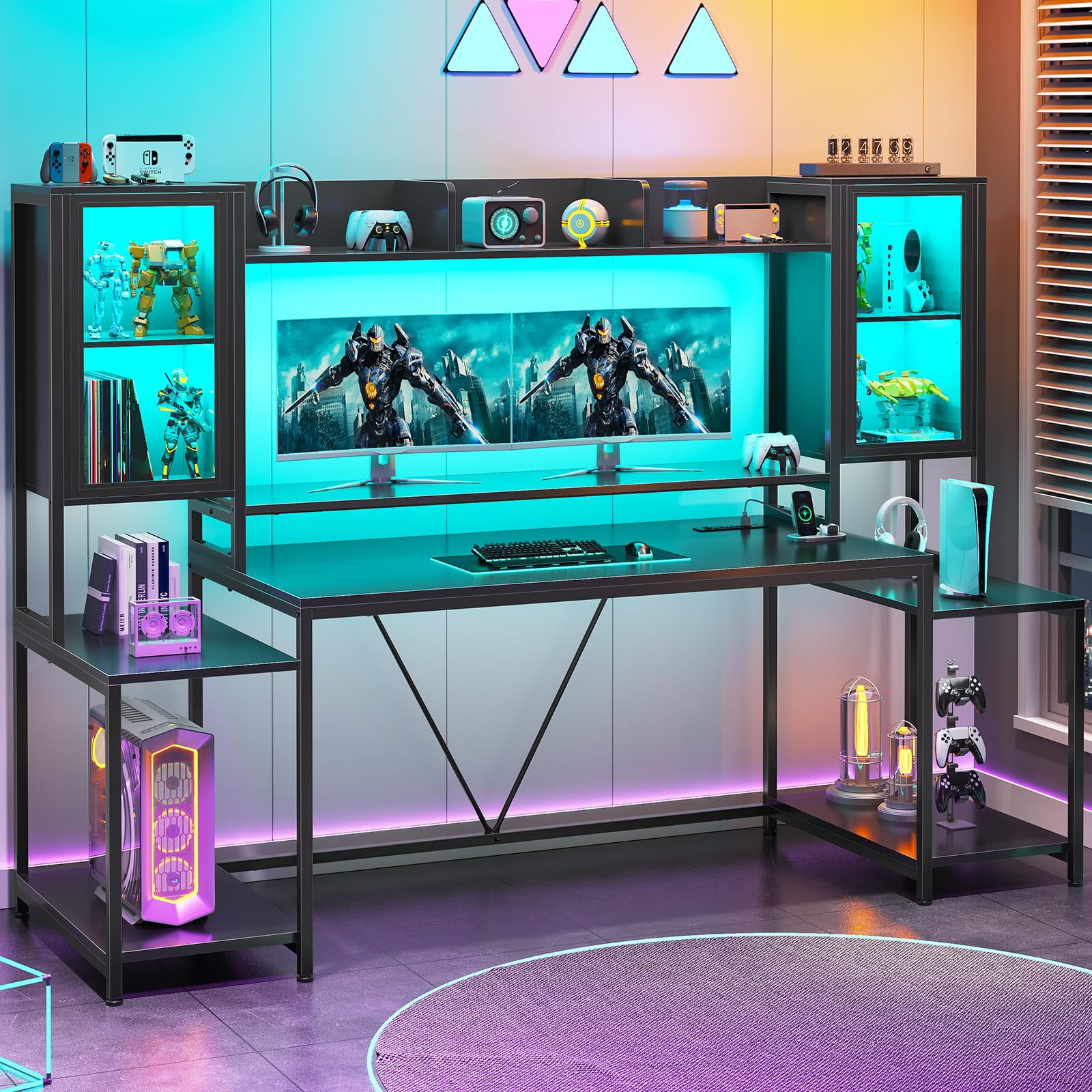 74.8 Inch Gaming Desk with LED Lights and Power Outlet, Computer Gamer ...